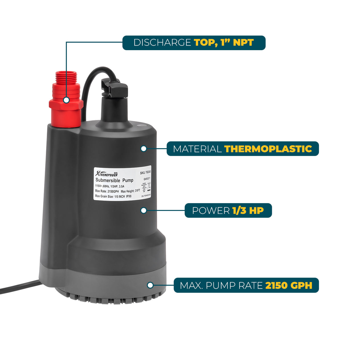 XtremepowerUS 1/3HP Submersible Utility Pump Sub Pump 2150GPH 31ft Lif ...